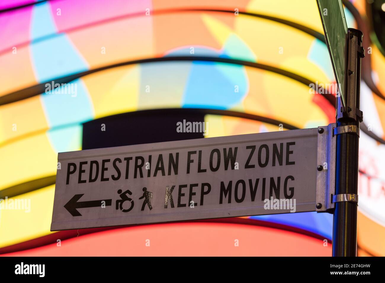 New York, USA. 25 Jun, 2019. A pedestrian flow zone sign late in the ...