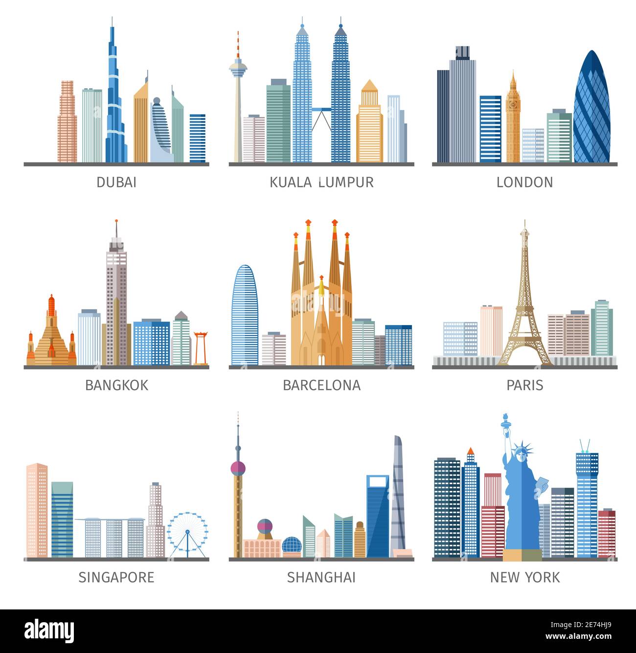 Famous capitals and cities characteristic downtown business center ...