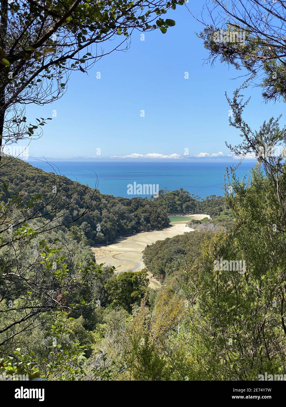Vertical shot of an island behind the trees under a blue sky Stock ...