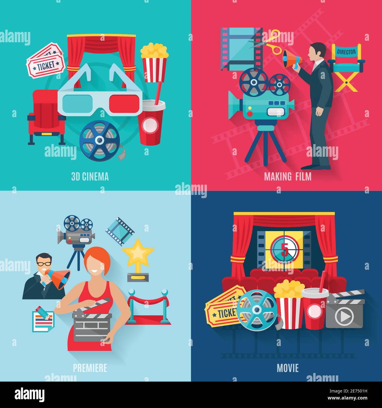 Movie making and premiere icons set with 3d cinema film stars and ...