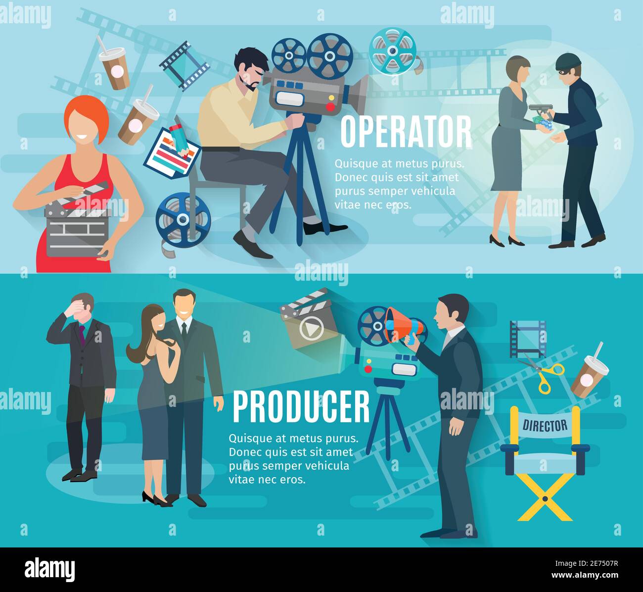 Film shooting horizontal banners set with operator producer and actors ...