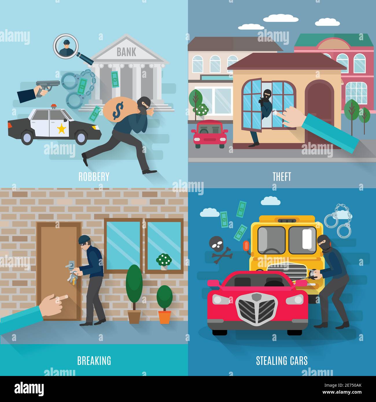 Stealing icons set with breaking robbery and stealing cars flat ...