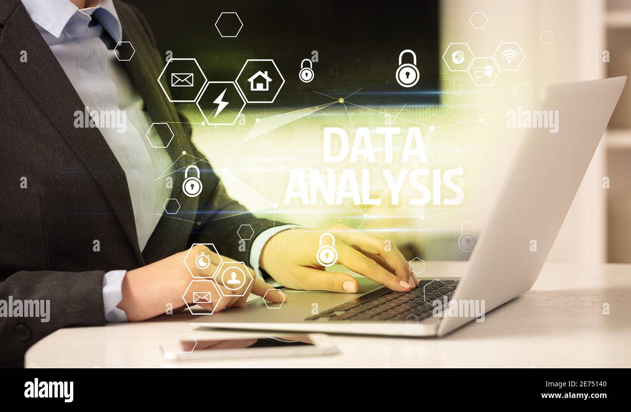 DATA ANALYSIS inscription on laptop, internet security and data ...