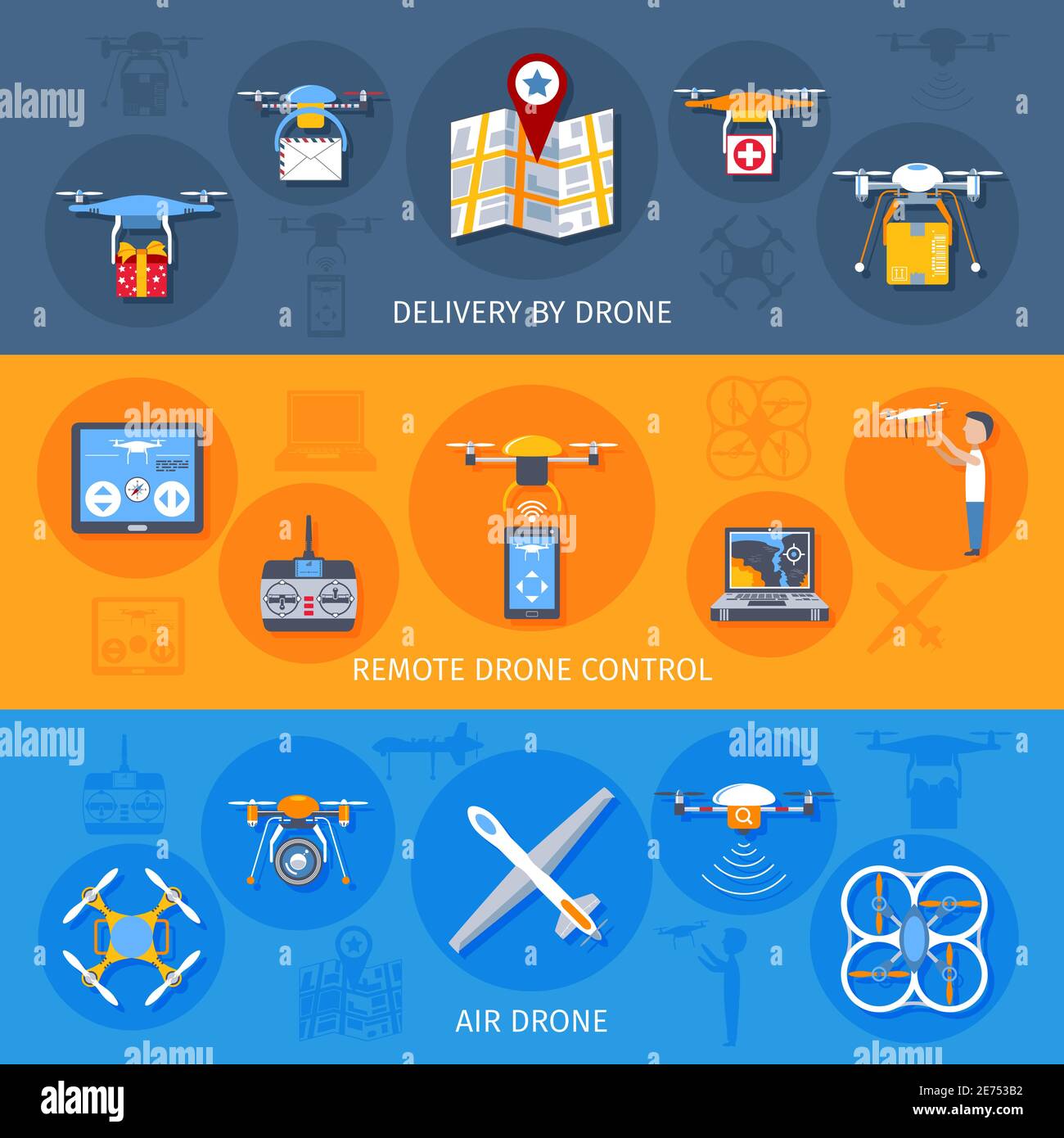 Drone horizontal banner set with air delivery elements isolated vector ... Drone horizontal banner set with air delivery elements isolated vector ...