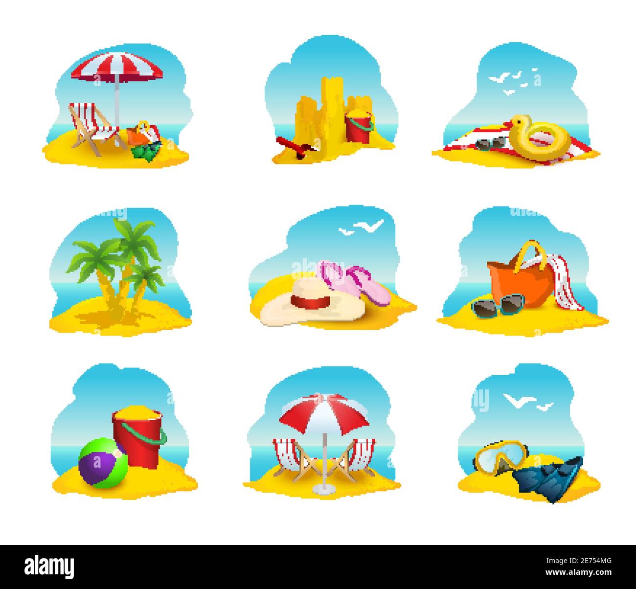 Beach and summer cartoon icons set with umbrella sandcastle and palms ...