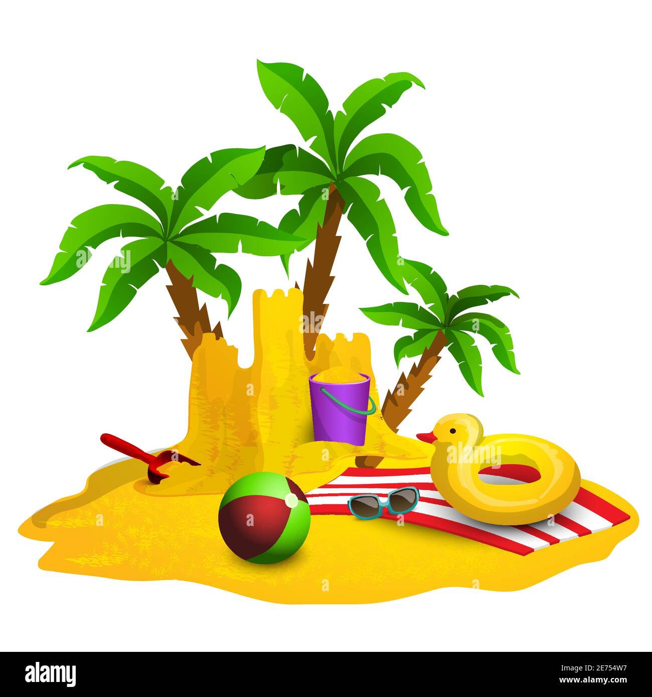 Beach rest background with sandcastle ball and palms cartoon vector ...