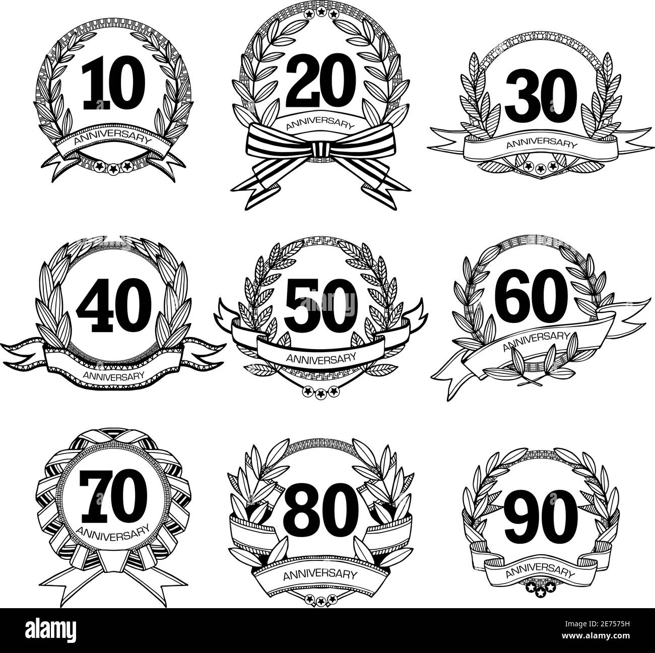 Anniversary labels set for different age black white sketch isolated ...