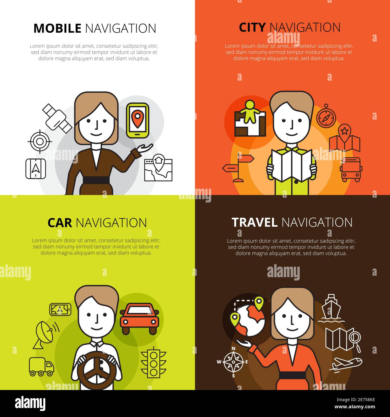 Flat color design concept set of mobile car travel and city navigation ...