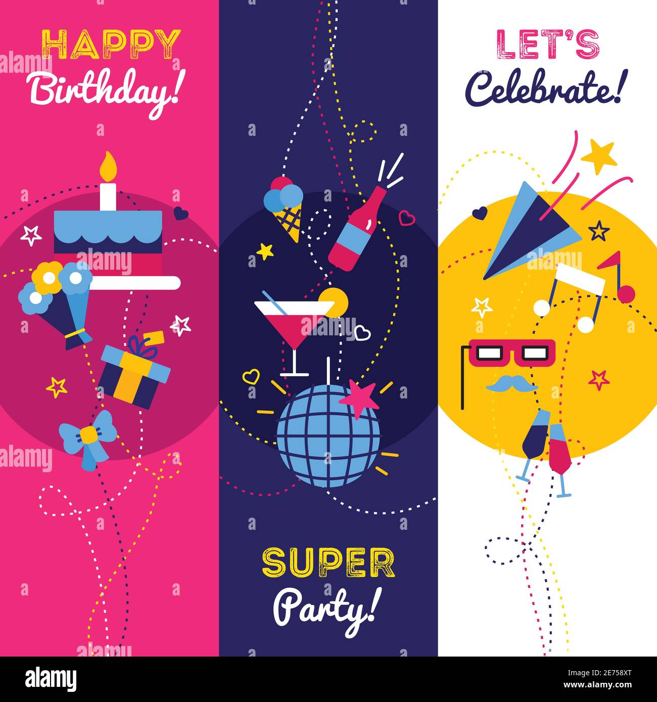 Celebration party and birthday banners with gifts petard bottle of ...