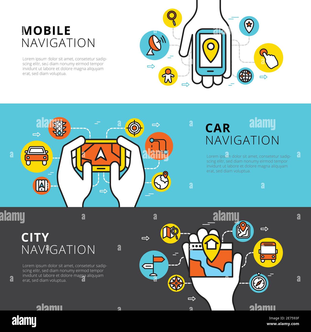 Flat horizontal banners set of mobile car and city navigation vector ...