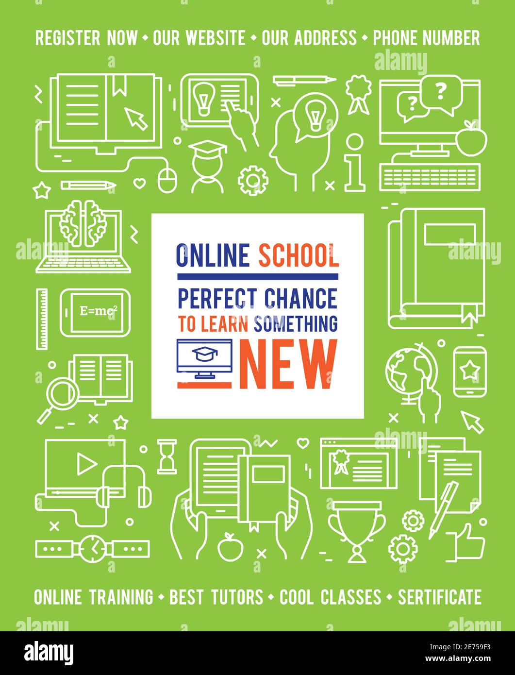 Online school education design concept with caption in center and white ...