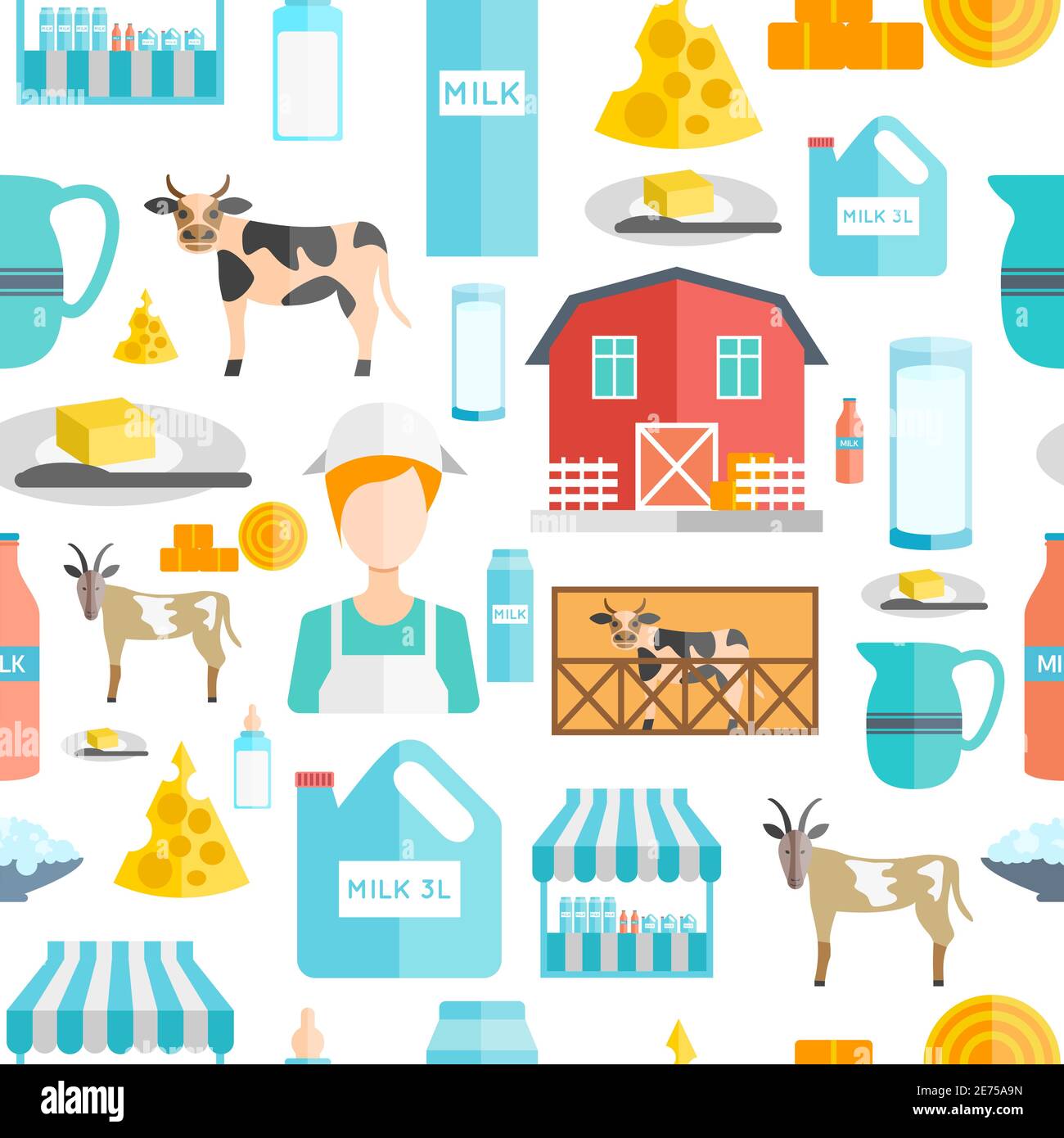 Milk Seamless Pattern With Flat Cows Farmers And Dairy Products Vector