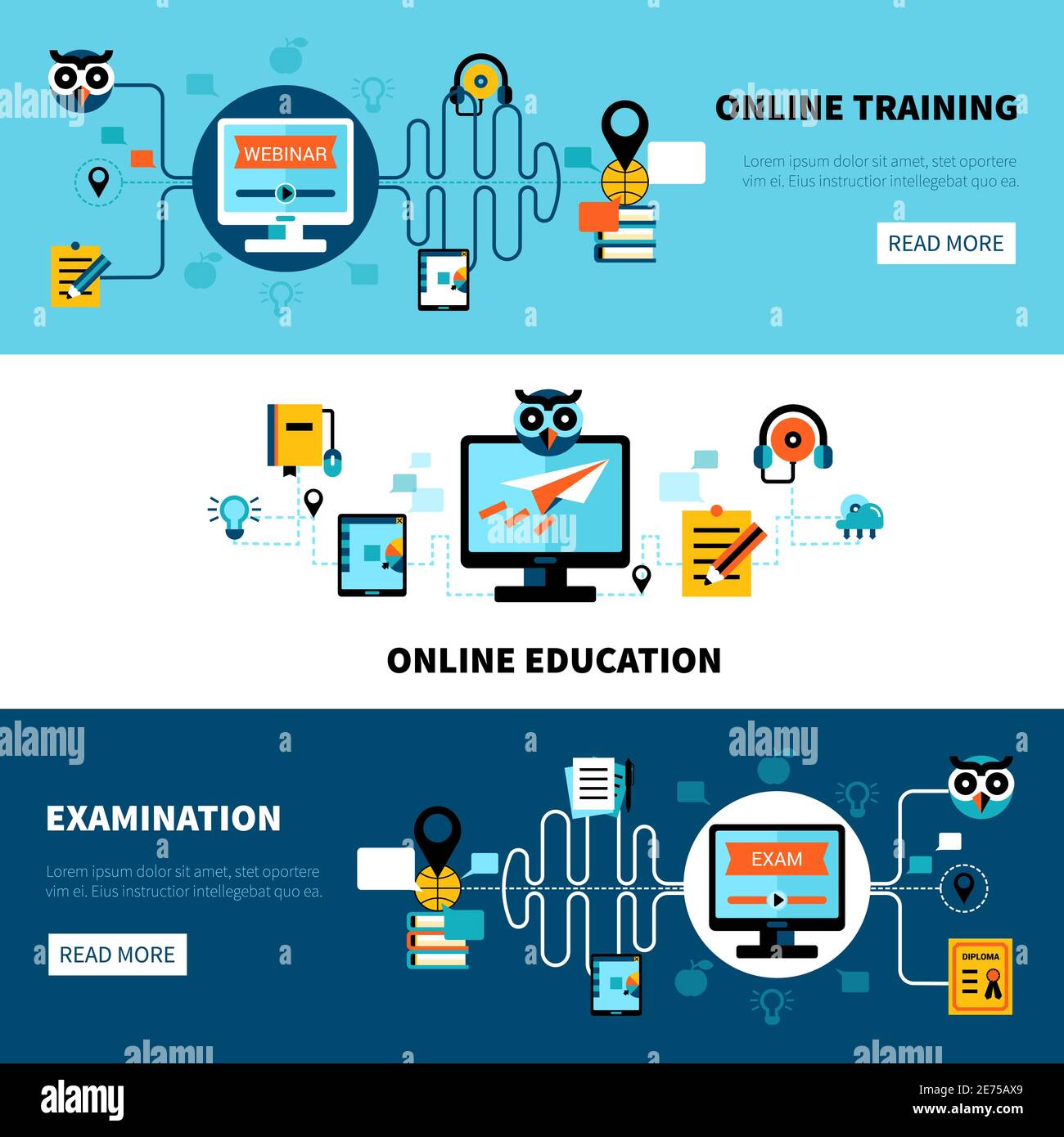 Flat horizontal online education banners collection of distance ...