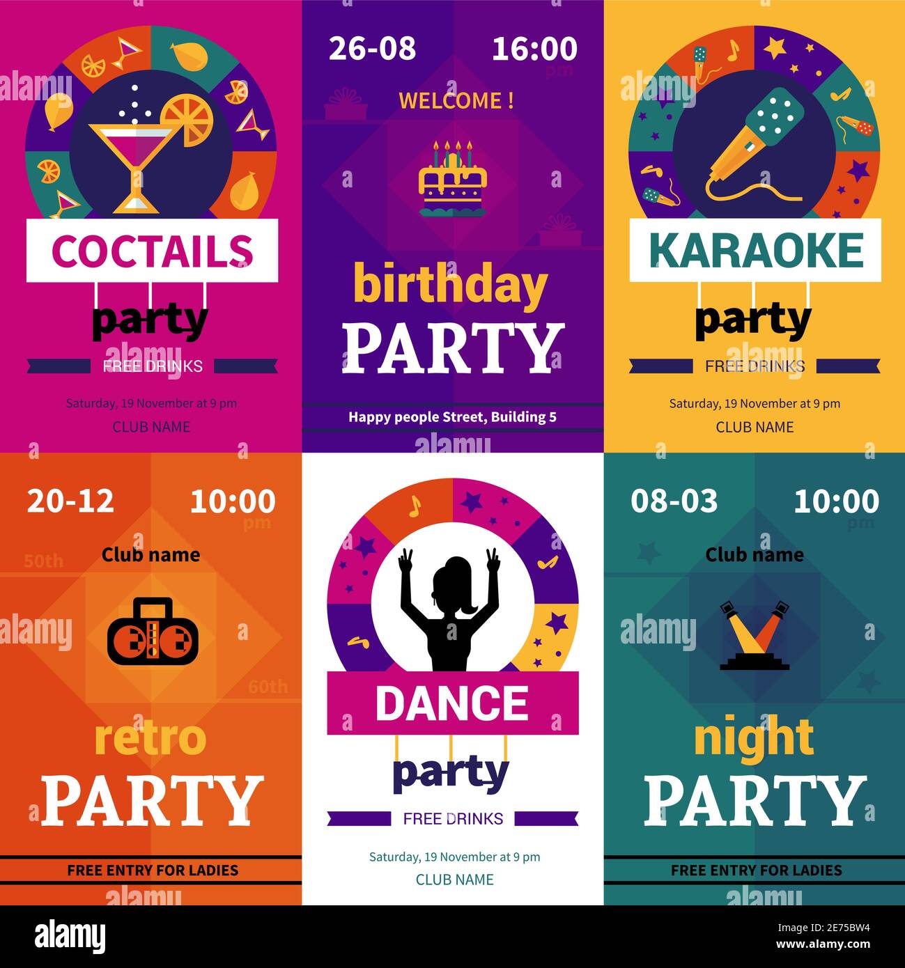 Six color decorative party posters showing billboards with name and ...