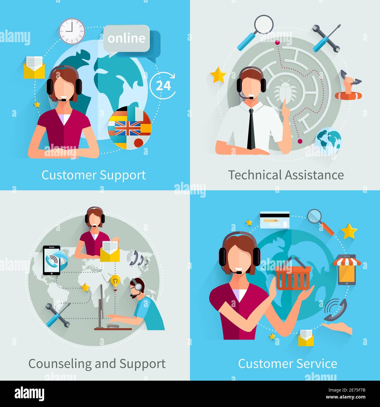 Customer support international service 4 flat icons square composition ...