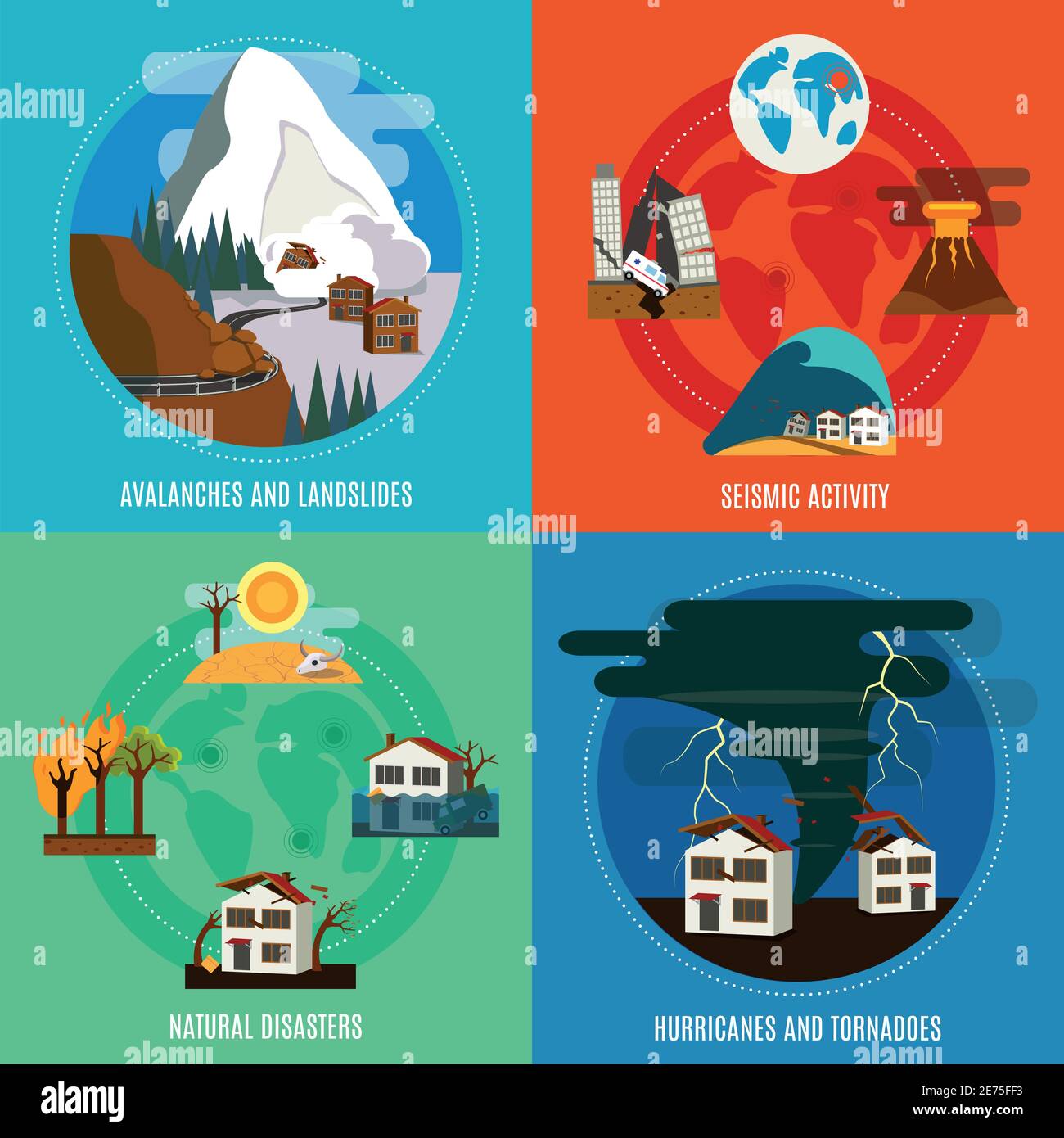 Natural Disaster 4 flat icons square banner with seismic activity ...