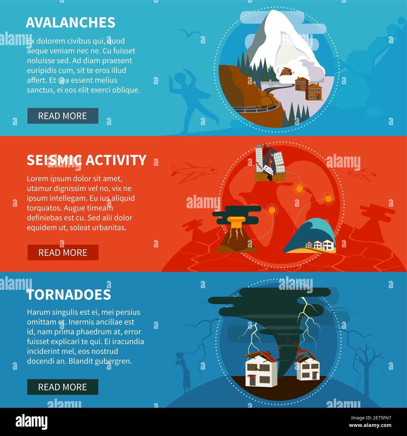 Natural disasters flat horizontal banners set with avalanches seismic ...