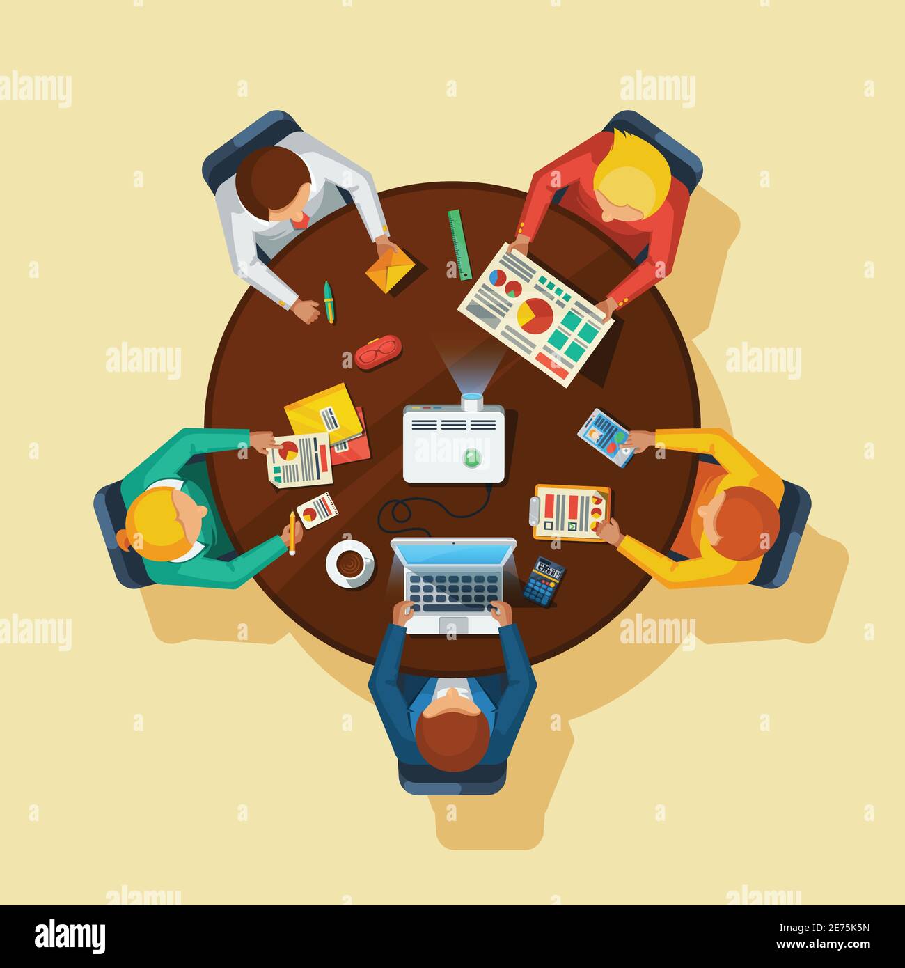 Business briefing meeting top view office round wooden table with ...