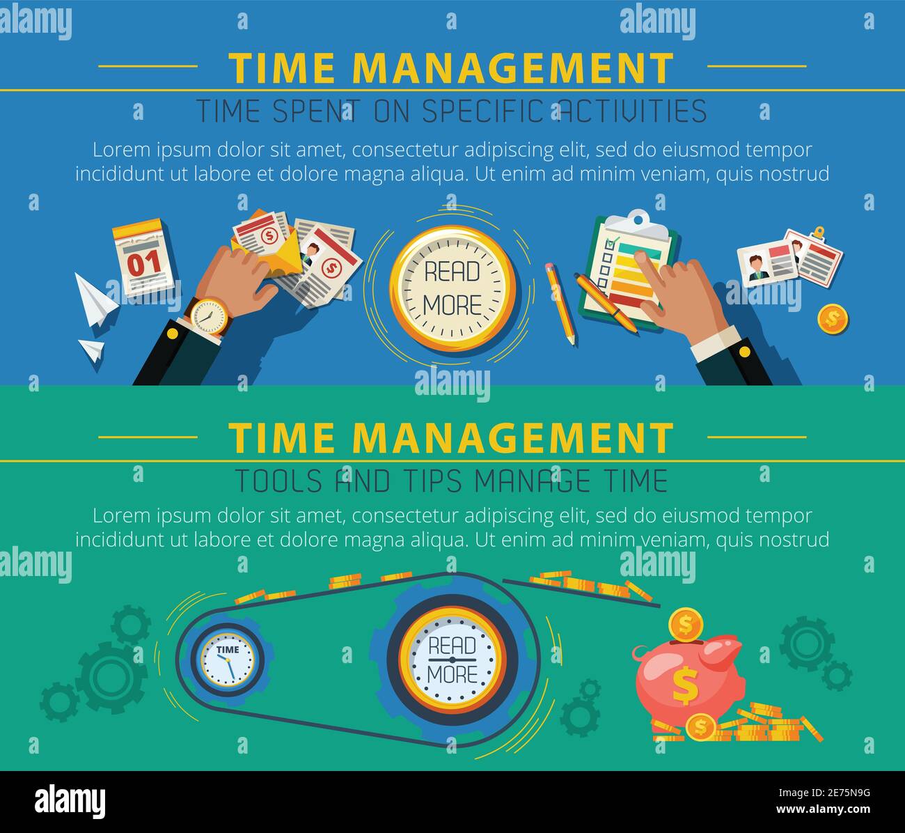 Time management and productivity tips 2 flat horizontal banners poster ...