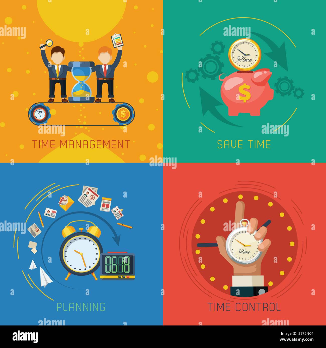Effective time management planning and control strategies 4 flat icons ...