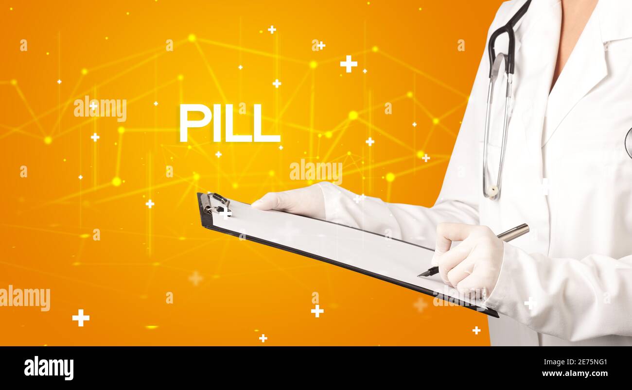 Doctor fills out medical record with PILL inscription, medical concept ...