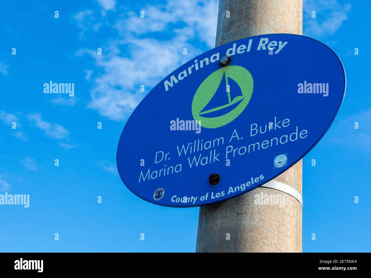 a blue sign at the entrance of the Marina Del Rey Promenade in ...