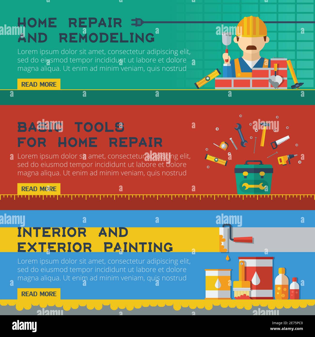 Home repair and remodeling service homepage design 3 flat horizontal ...
