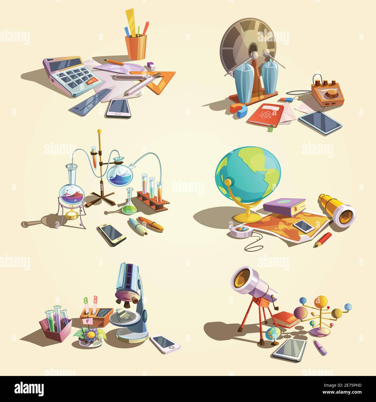 Science retro concept set with cartoon education objects isolated ...