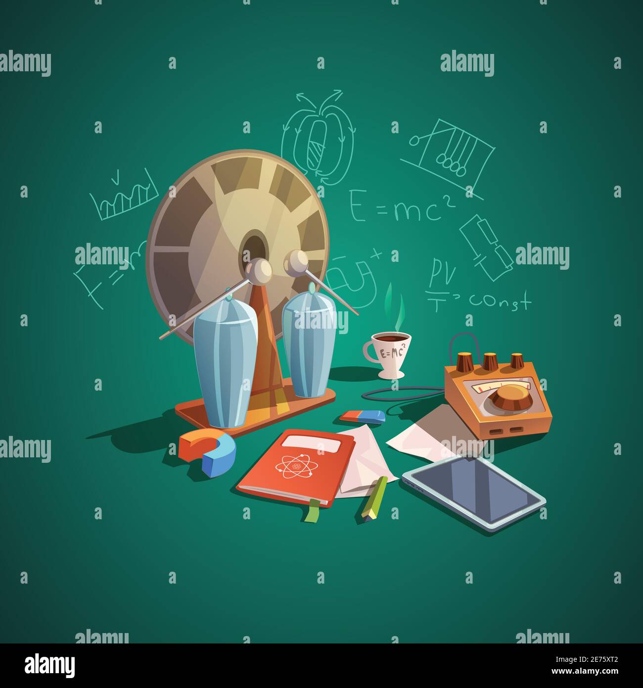 Physics concept with retro cartoon science icons set vector ...