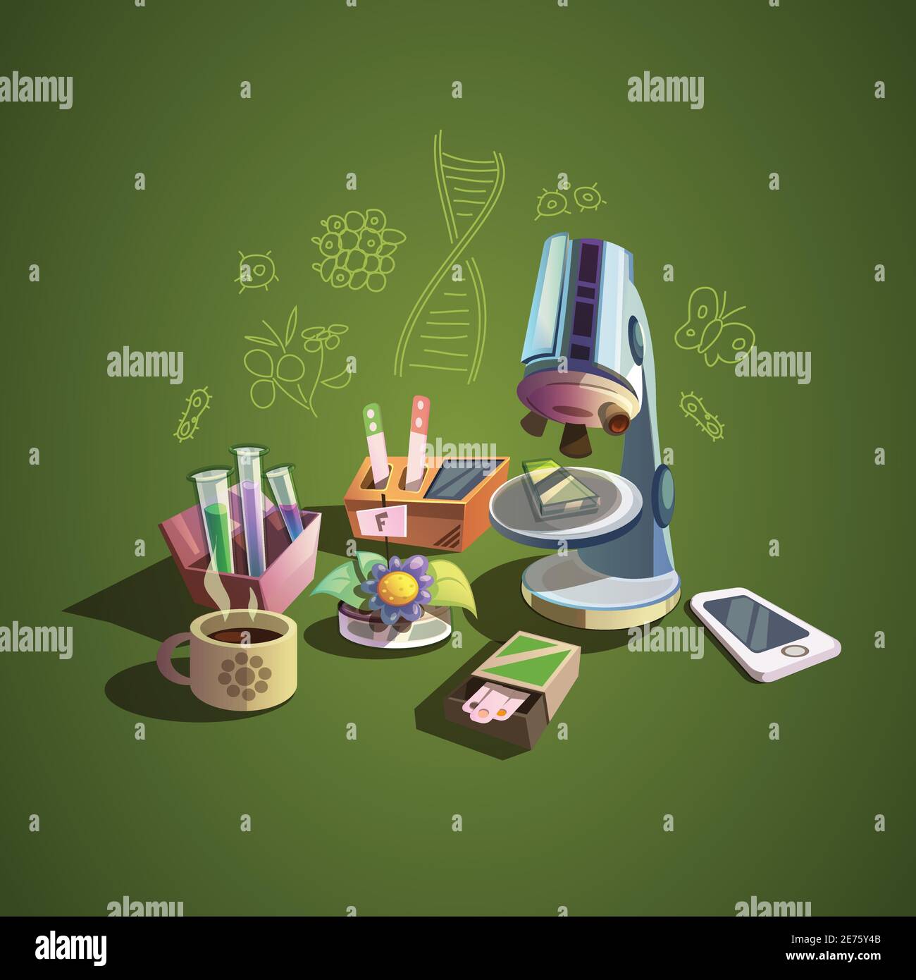 Biology concept with retro science cartoon icons set vector ...