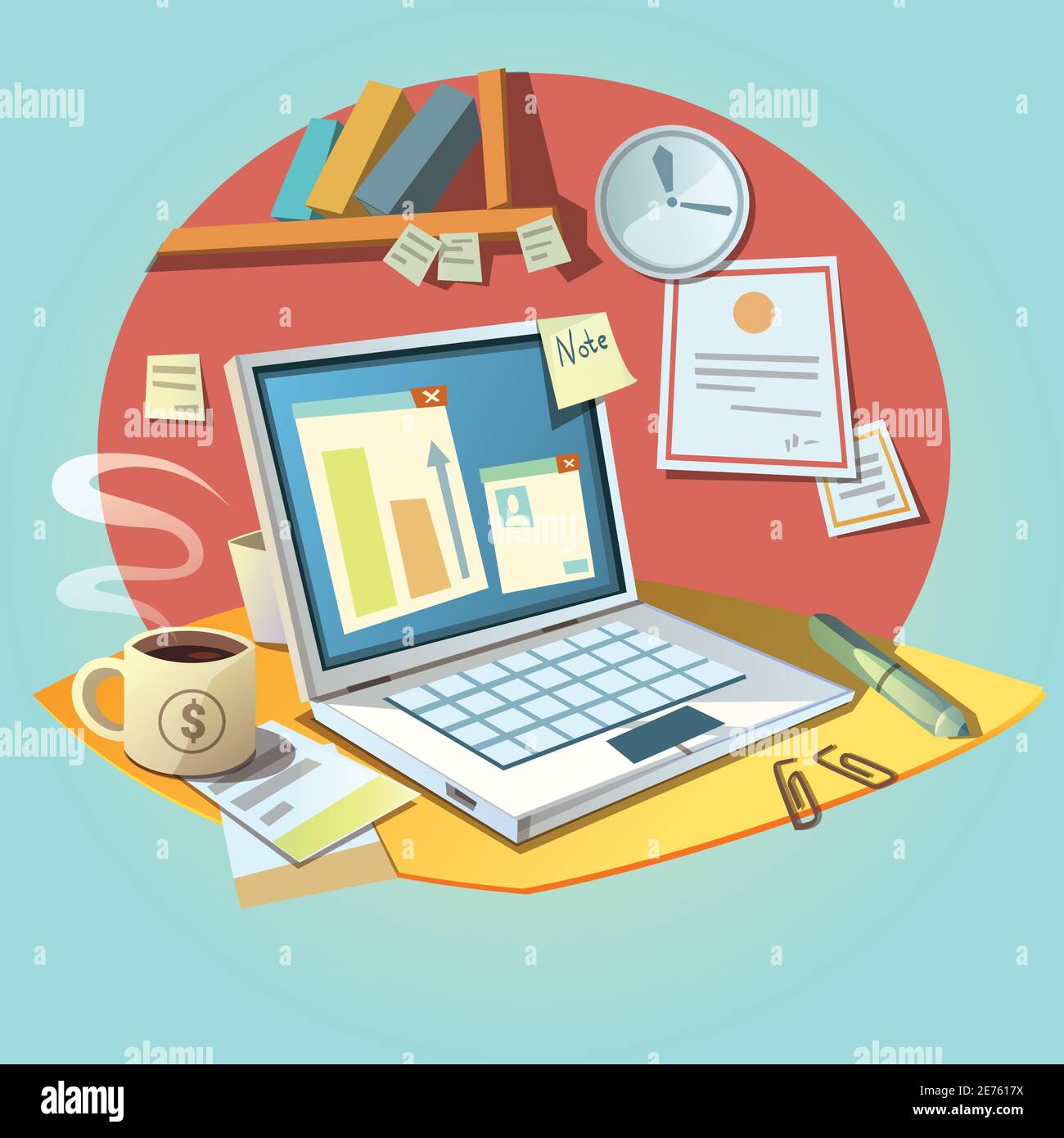 Business concept with retro cartoon style office workplace and working ...