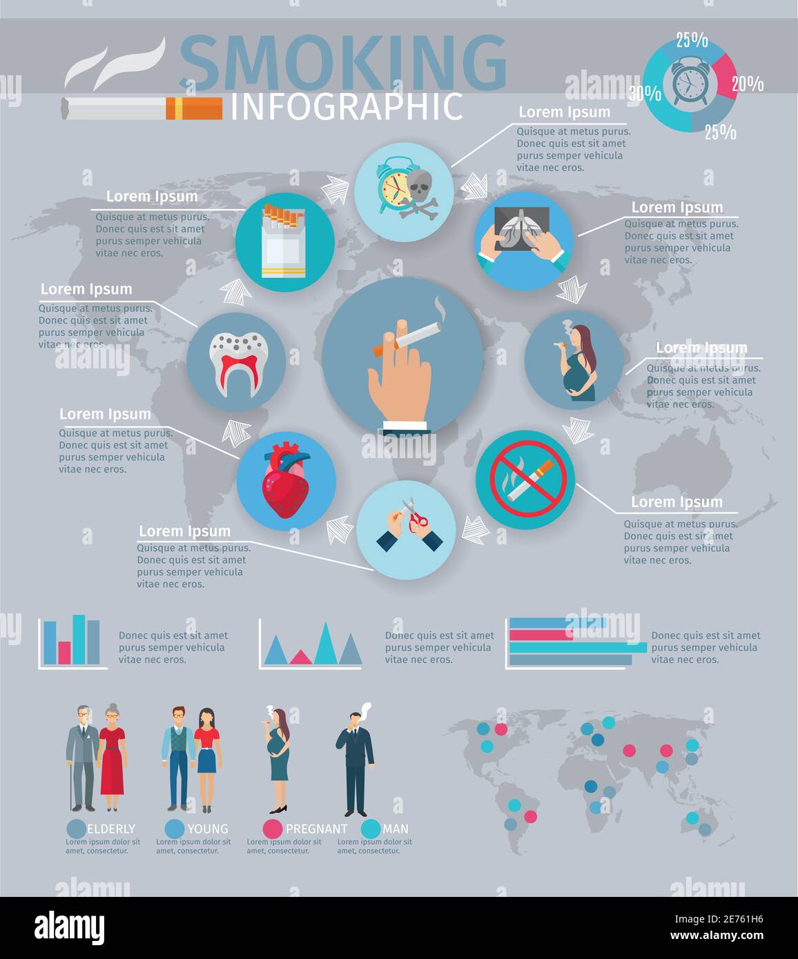 Smoking infographics set with tobacco harm symbols and charts vector ...