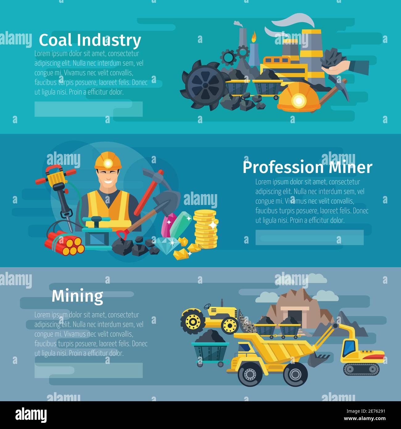 Mining horizontal banner set with coal industry flat elements isolated ...