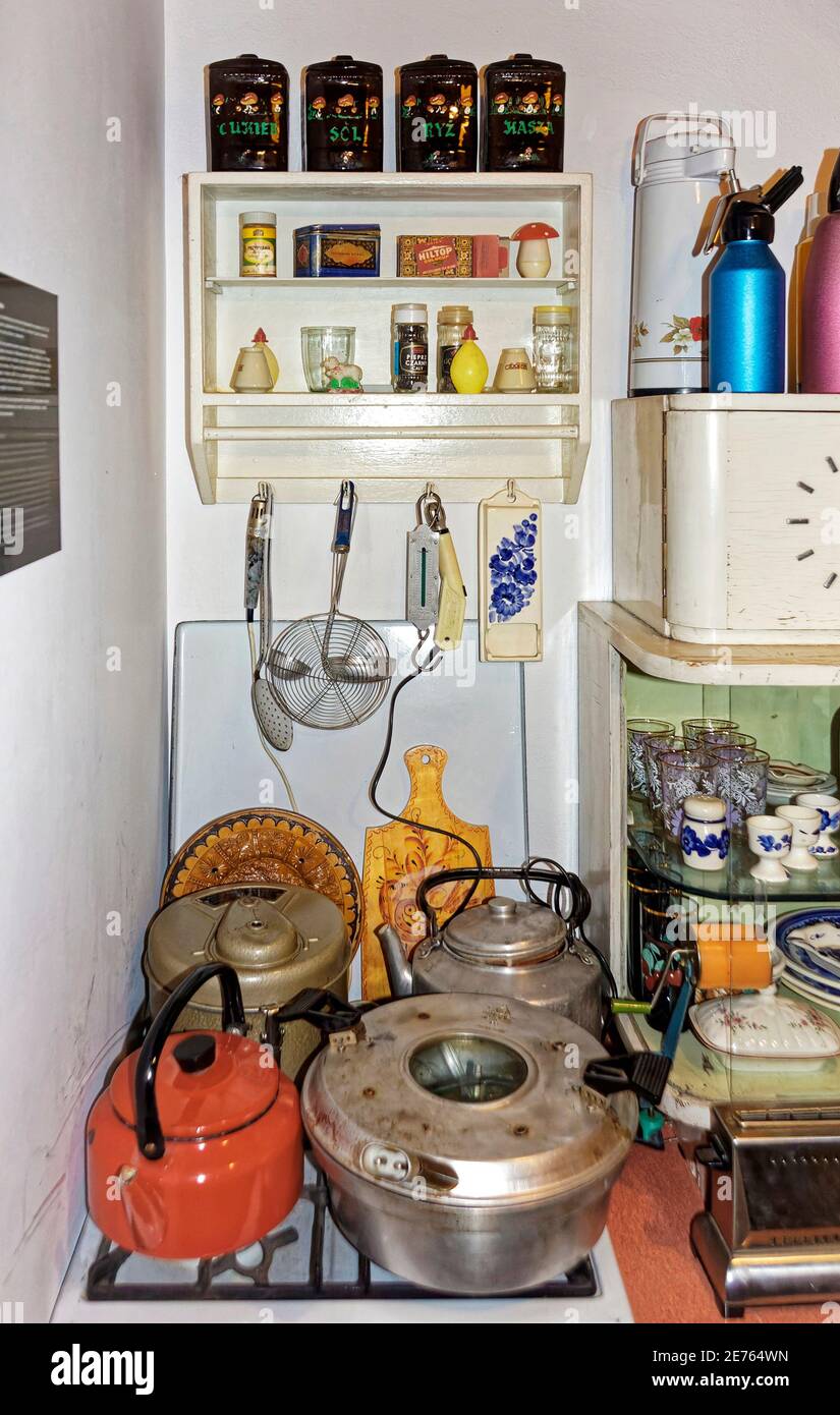 Warsaw, Poland - January 14, 2021. Kitchen from communism-era exhibited ...