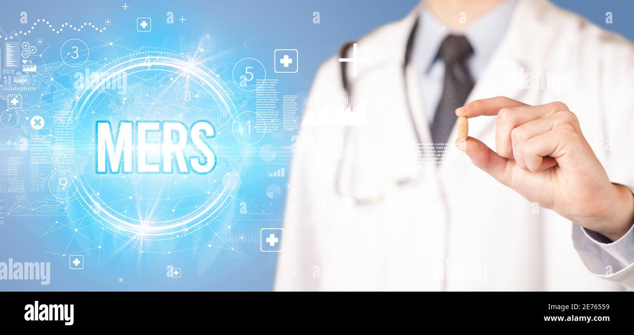 Close-up of a doctor giving you a pill with MERS abbreviation, virology ...