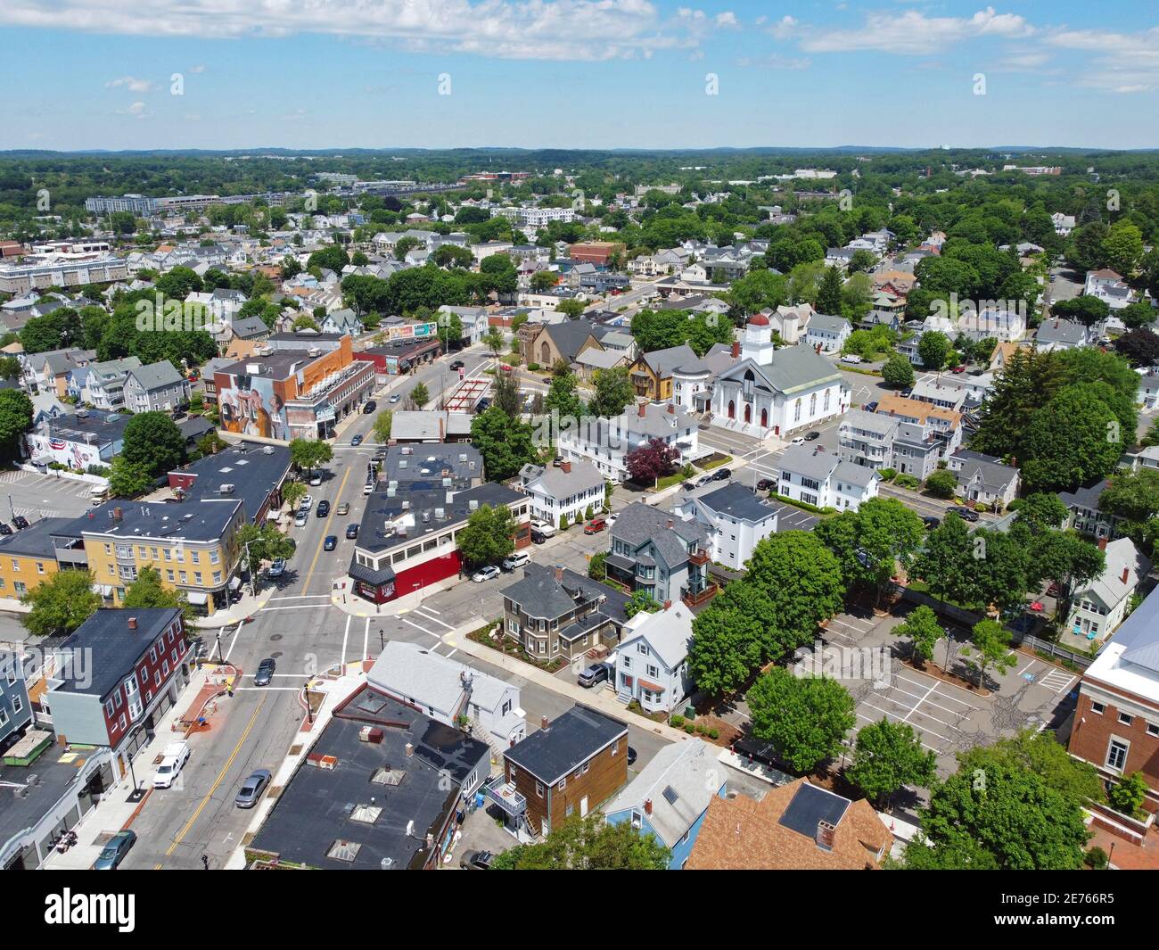 Aerial view of Historic buildings on Cabot Street in historic city ...