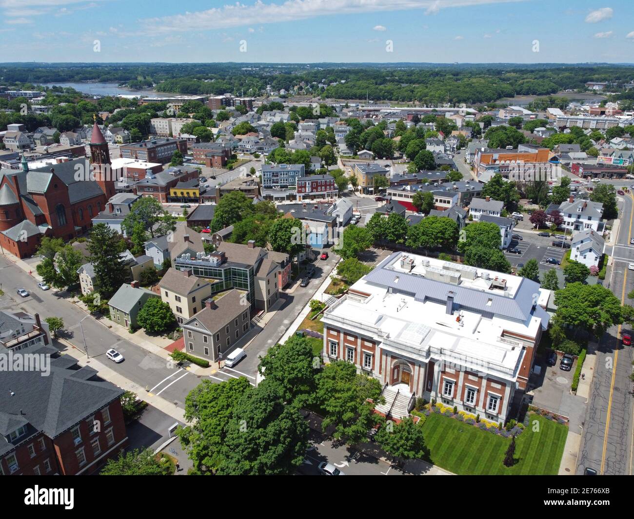 Beverly Public Library aerial view at 32 Essex Street with Cabot Street ...