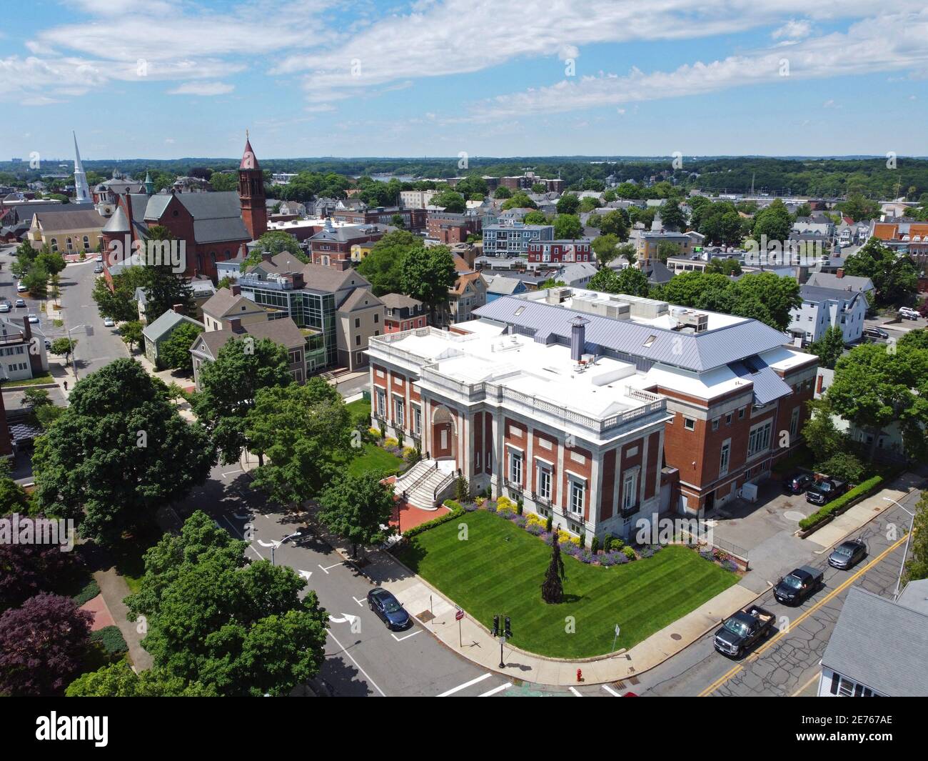 Beverly Public Library aerial view at 32 Essex Street with Cabot Street ...