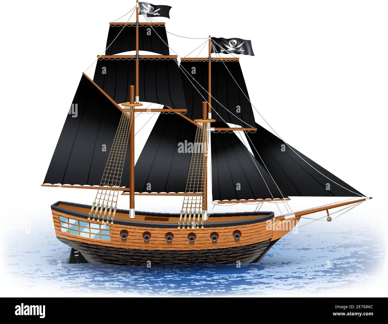 Wooden pirate ship with black sails and Jolly Roger flag at sea ...