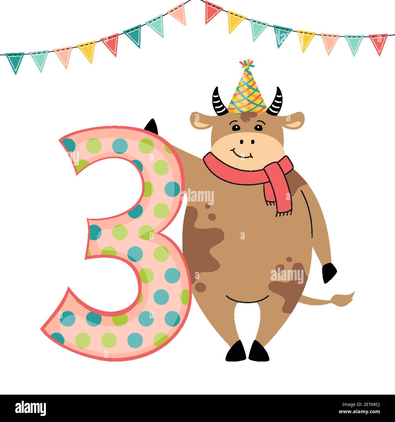 Greeting Happy Birthday card, bull with number three. Hand drawn ox ...
