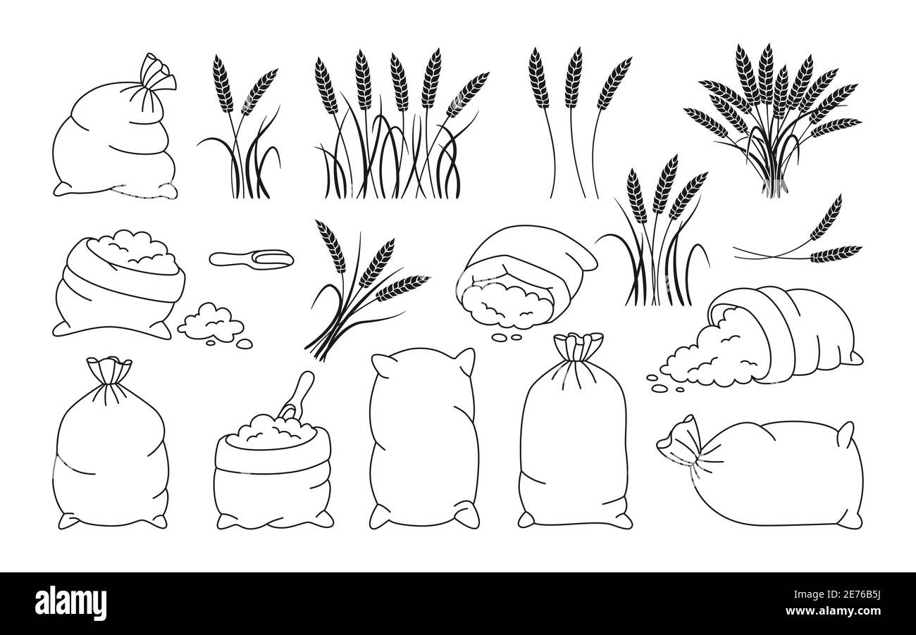 Bag flour and wheat ears, black line set. Heap flour, grain spikelets ...