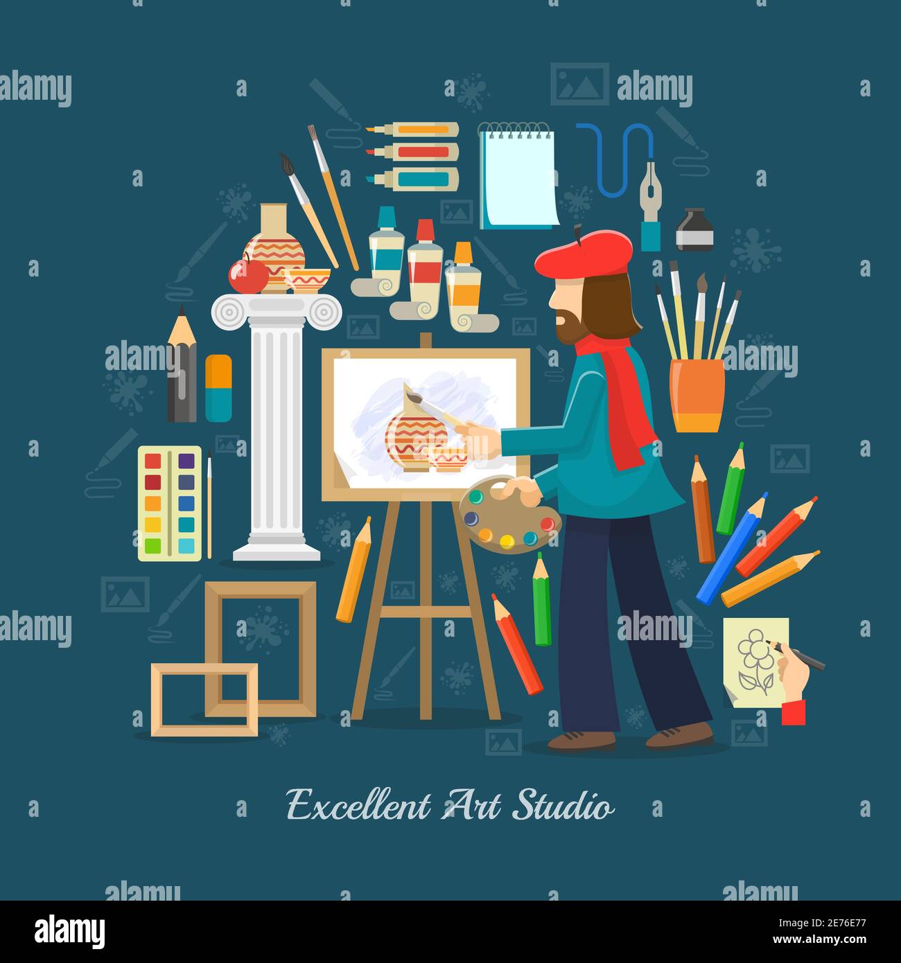 Artist studio concept with flat painting tools and painter symbols ...