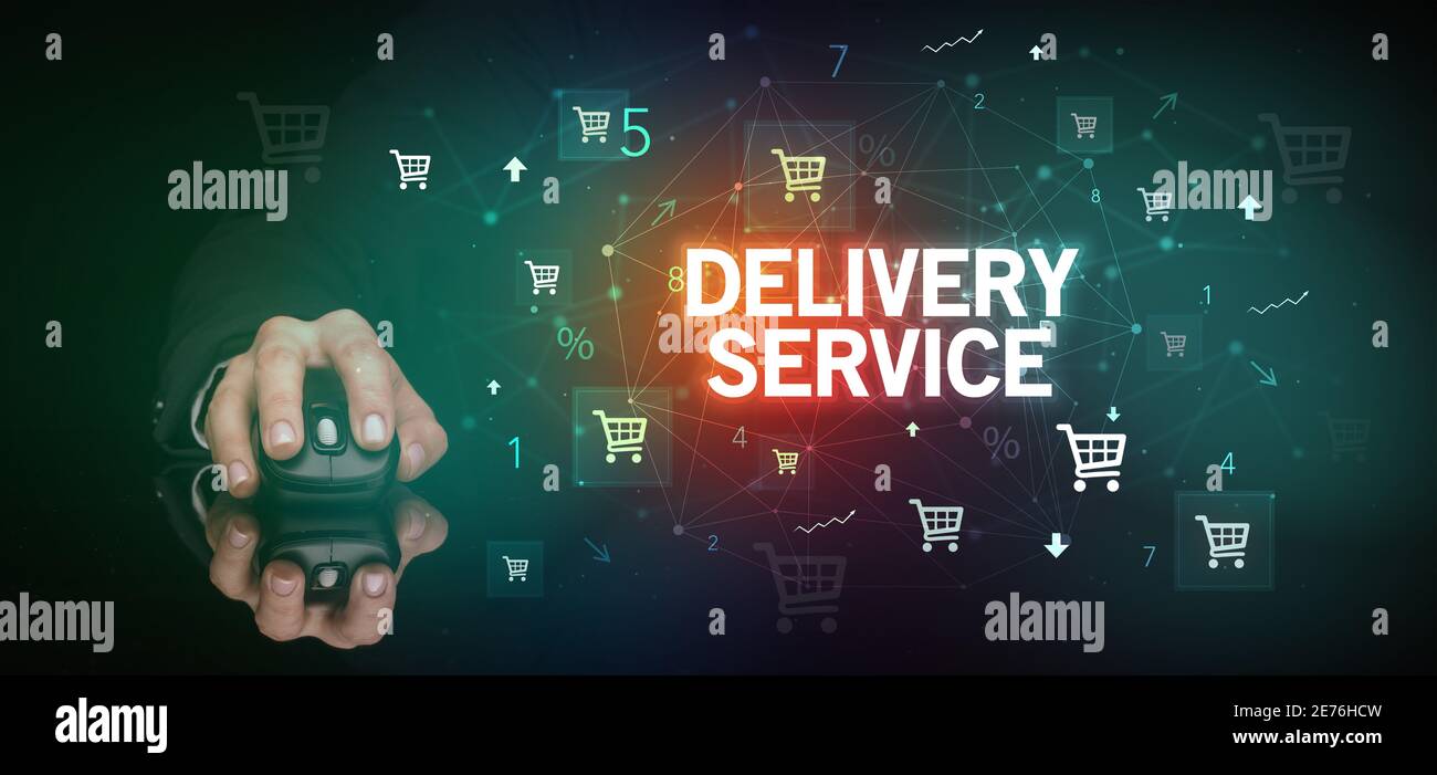 hand holding wireless peripheral with DELIVERY SERVICE inscription ...