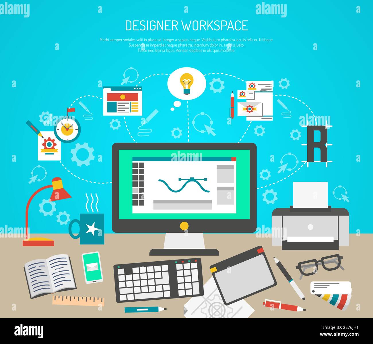 Designer workspace concept with flat graphic design tools and computer ...