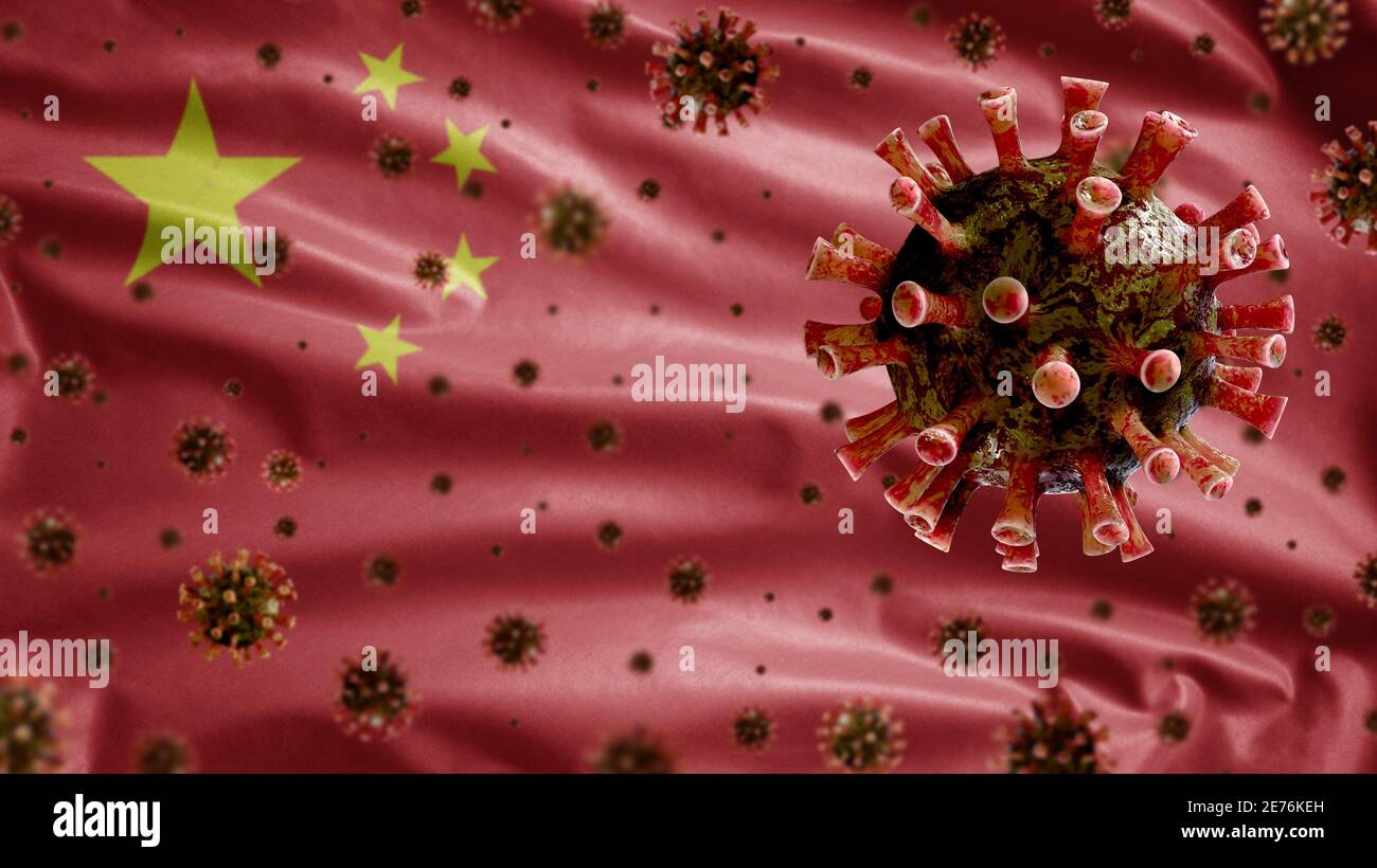 Flu coronavirus floating over Chinese flag, a pathogen that attacks the ...