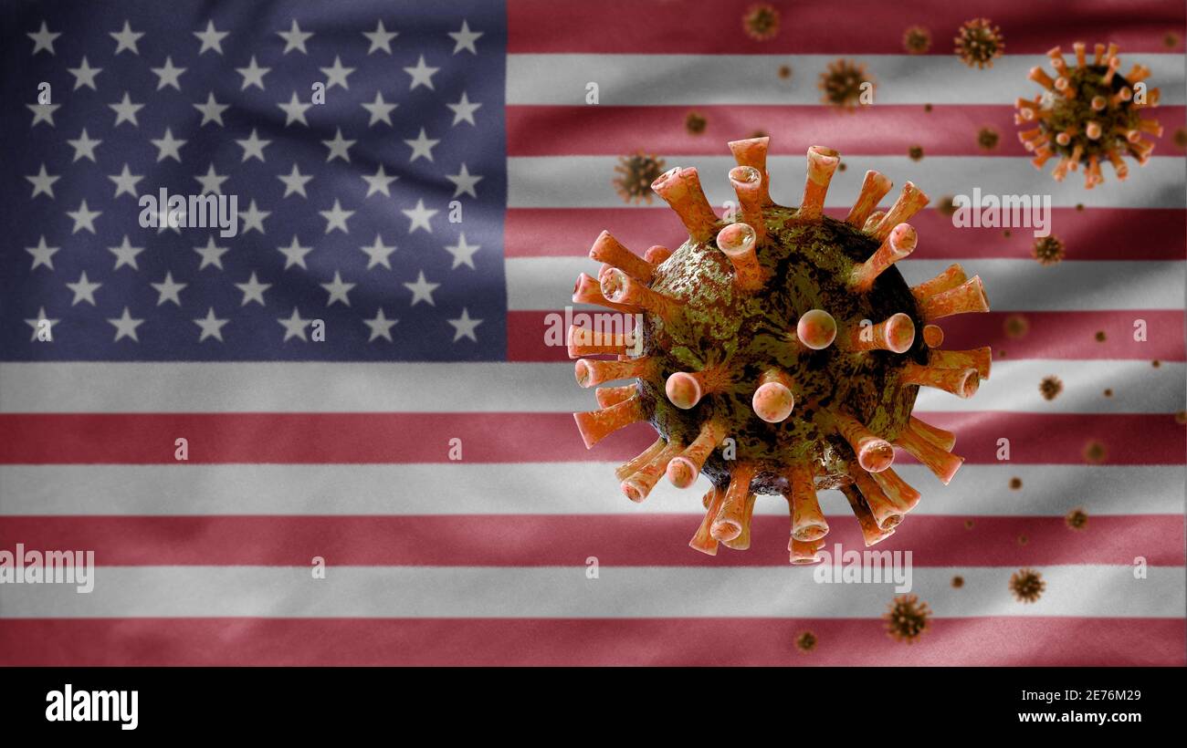Flu coronavirus floating over American flag, a pathogen that attacks ...