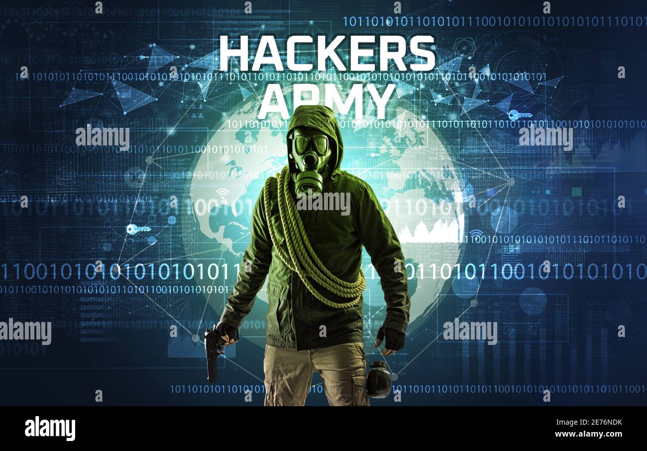 Faceless hacker at work with HACKERS ARMY inscription, Computer ...