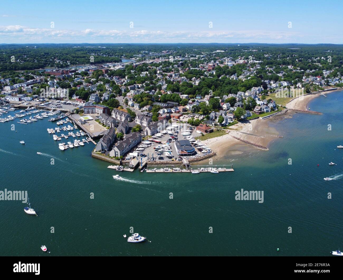 Aerial view of Sandy Point at Danvers River mouth to Salem Harbor in ...