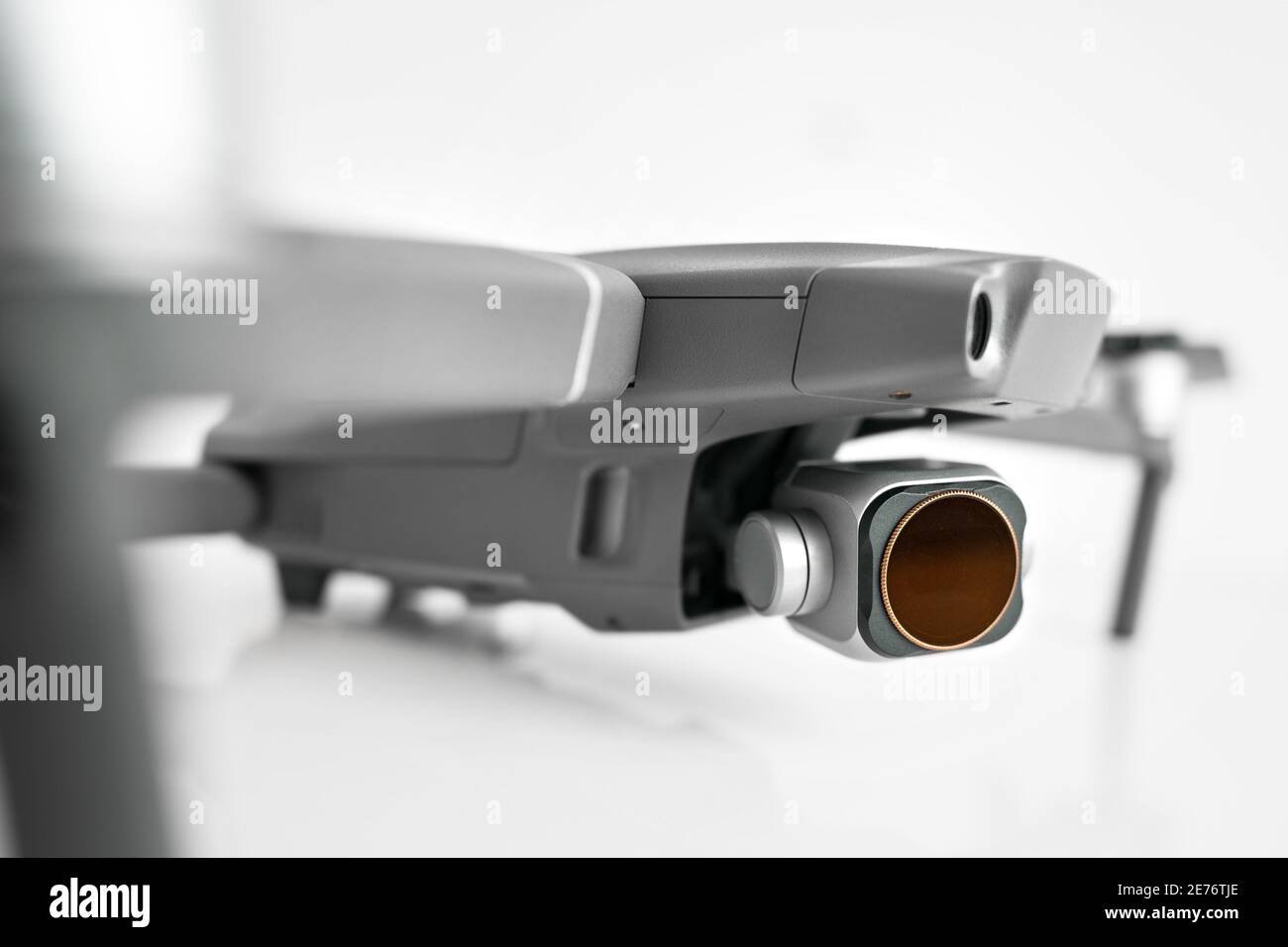 Close up photo of new dark grey drone isolated on gray background Stock ...