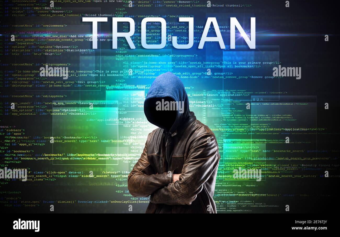 Faceless hacker with TROJAN inscription on a binary code background ...